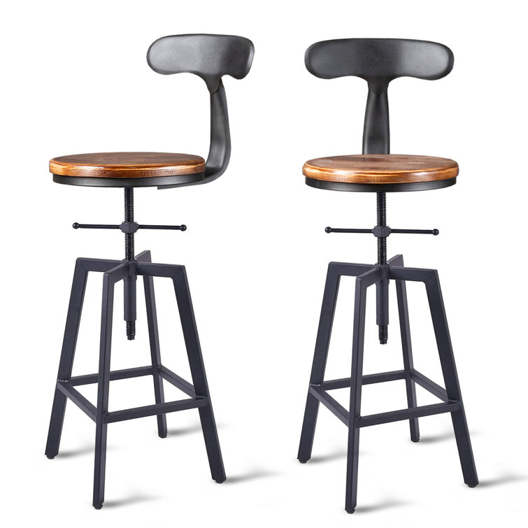 17 Stories Set Of 2 Industrial Bar Stool-Adjustable Swivel Wood Metal ...