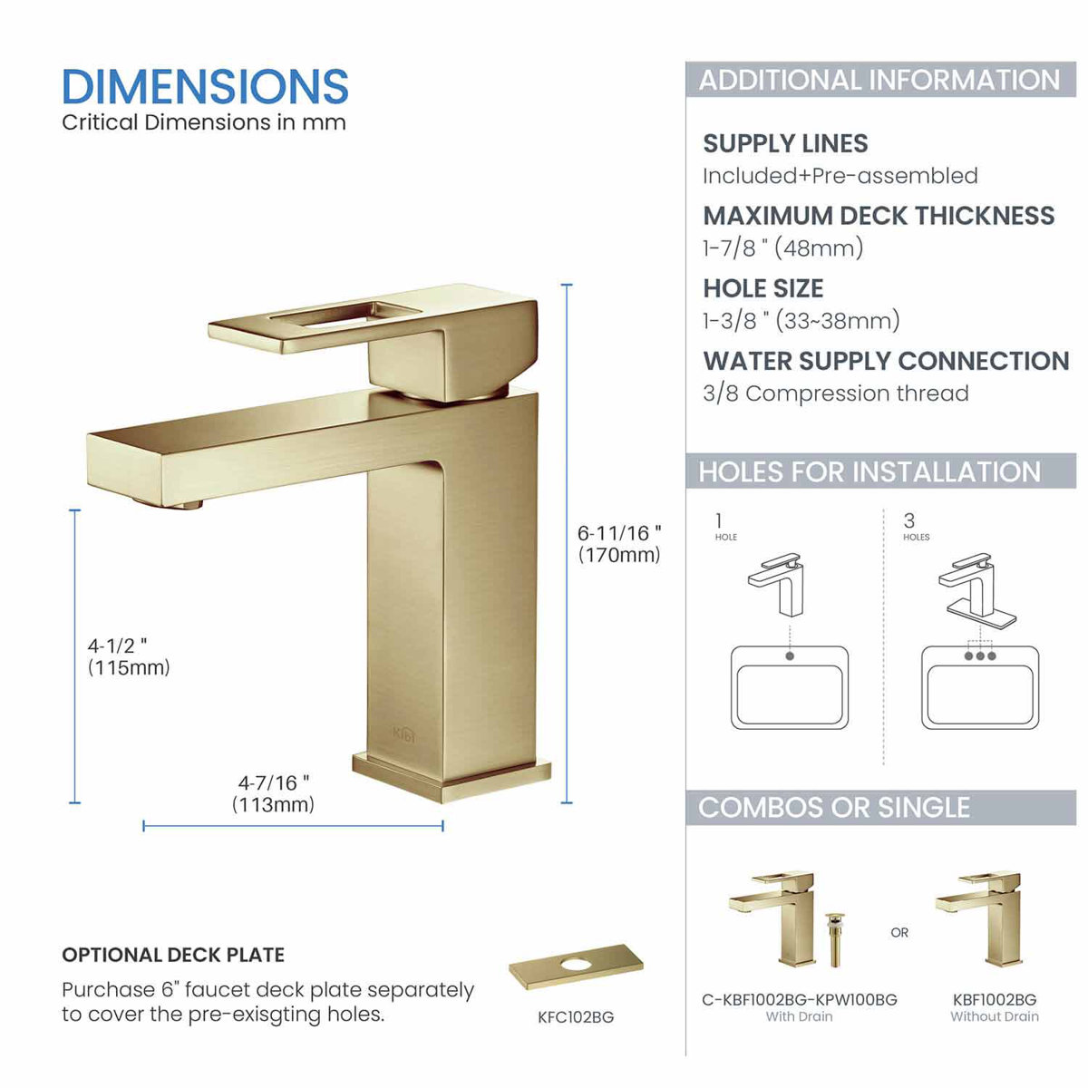 KIBI USA Cubic Single Hole Bathroom Faucet with Optional Drain Assembly ...