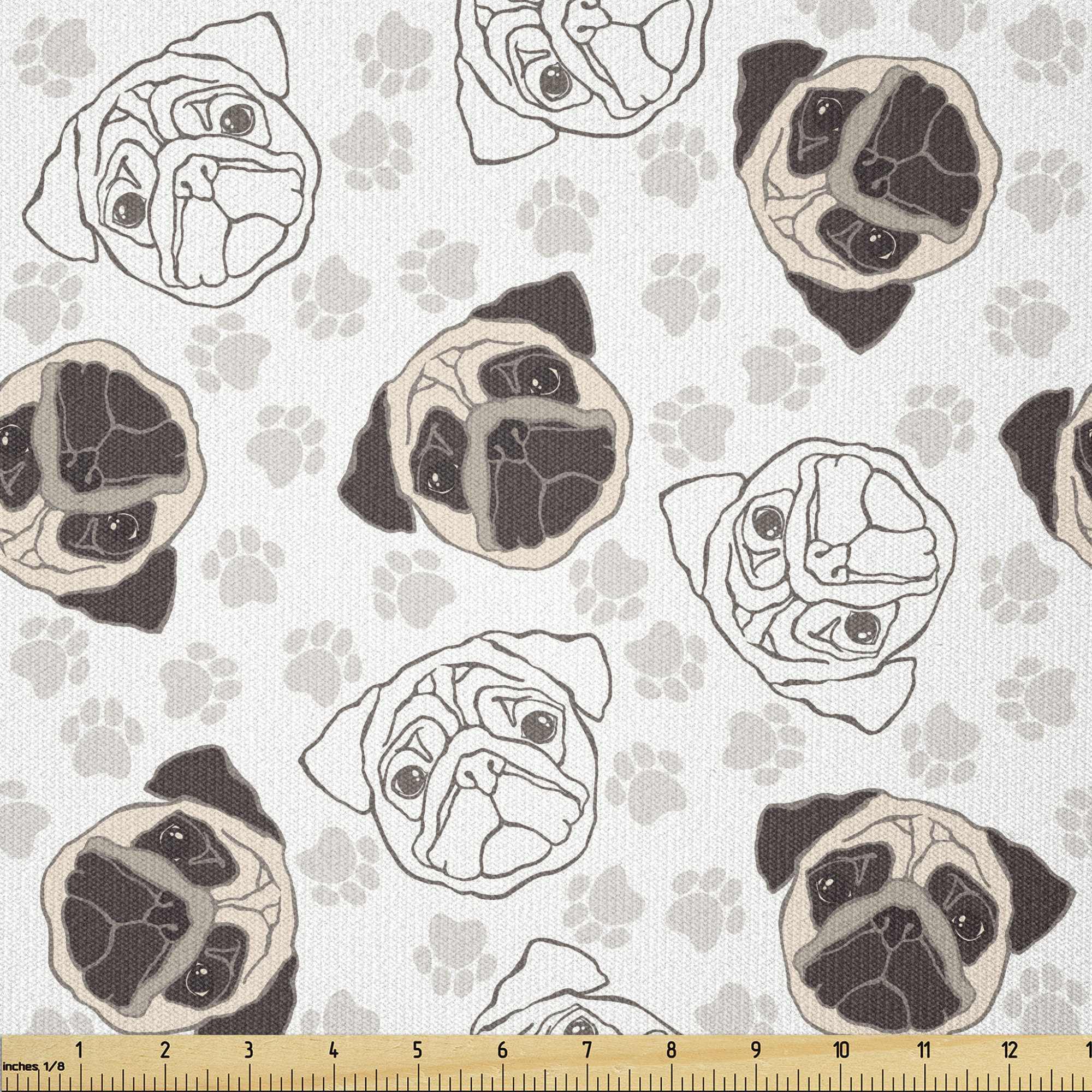East Urban Home Dog Fabric By The Yard, Pug Portraits Traces Paw Print ...