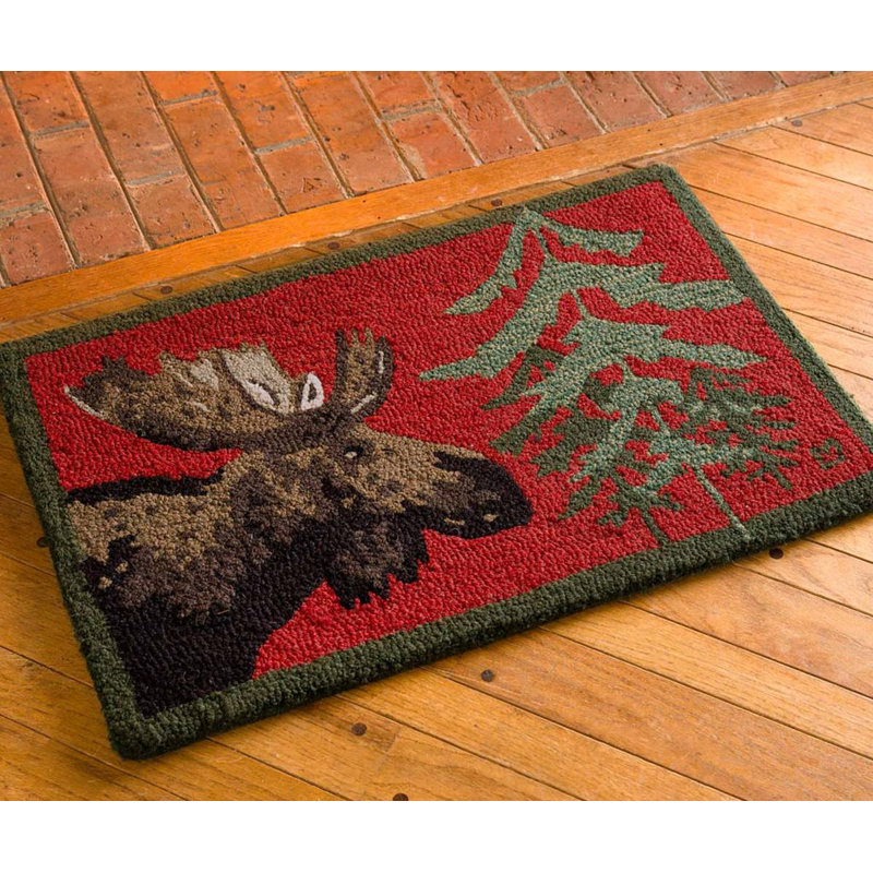 Plow & Hearth Moose Hand-Hooked Wool Red Area Rug | Wayfair