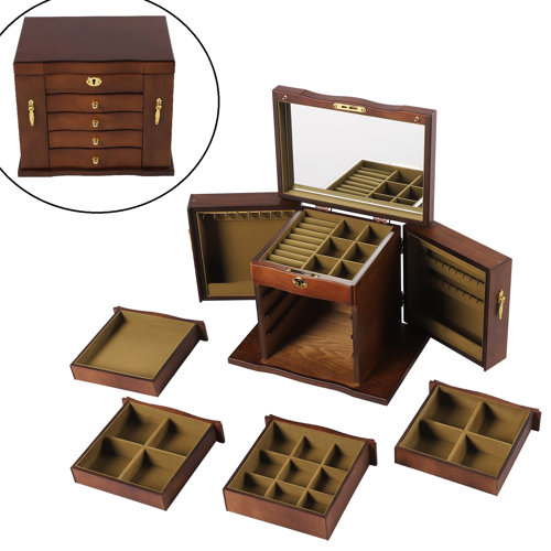 Latitude Run® 5 Layer Wooden Jewelry Box with Mirror and Combo Lock ...