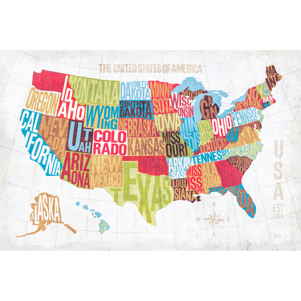 Canora Grey map U.S. Map Graphic States In Text, Red, Blue, Green, Tan ...