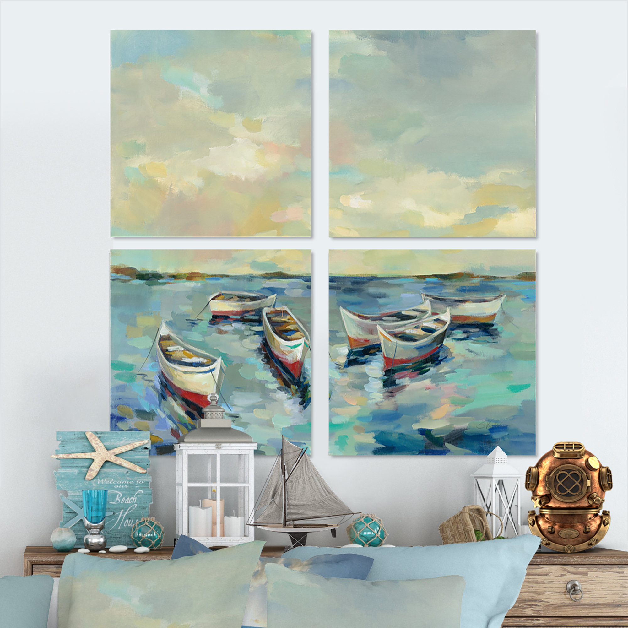 Longshore Tides Coastal View Of Boats - 4 Piece Wrapped Canvas Painting ...