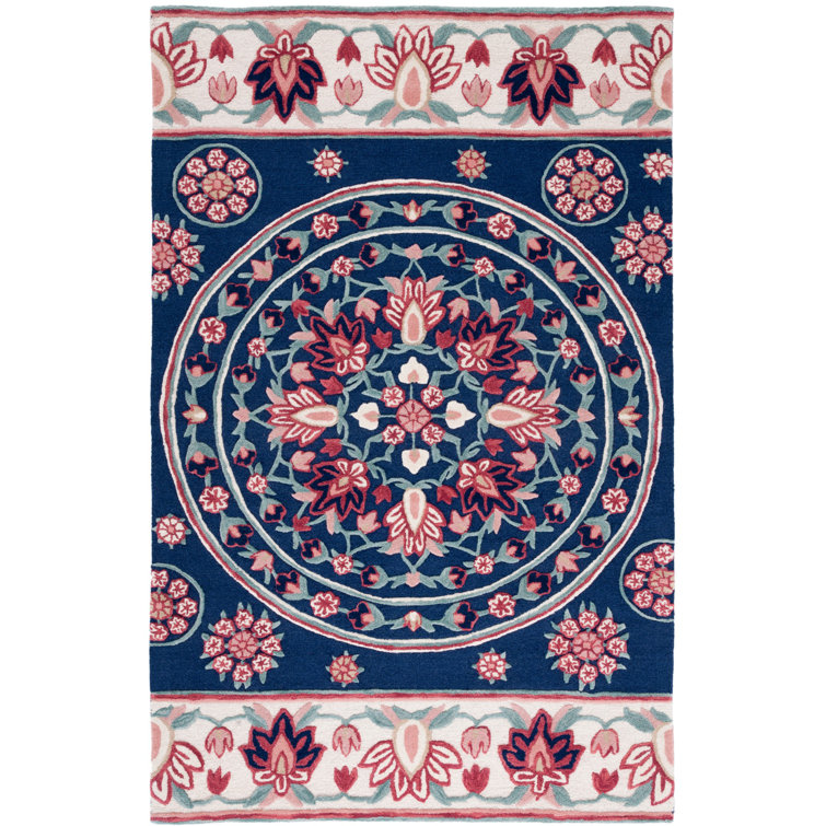 Canora Grey Cylie Floral Handmade Tufted Wool Navy/Ivory Area Rug | Wayfair