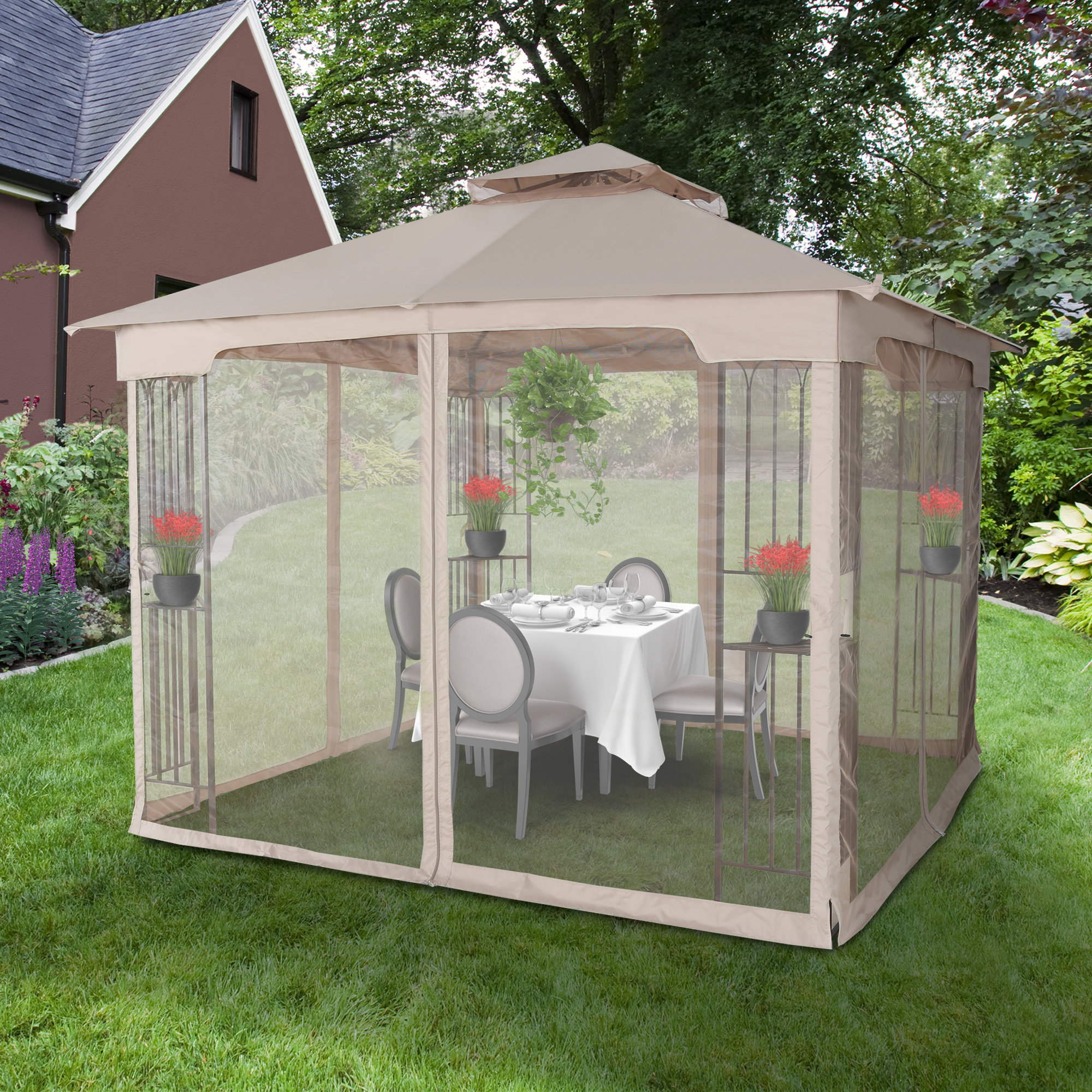 Antestuty Khaki Steel Outdoor Patio Gazebo with Netting and Shelves ...