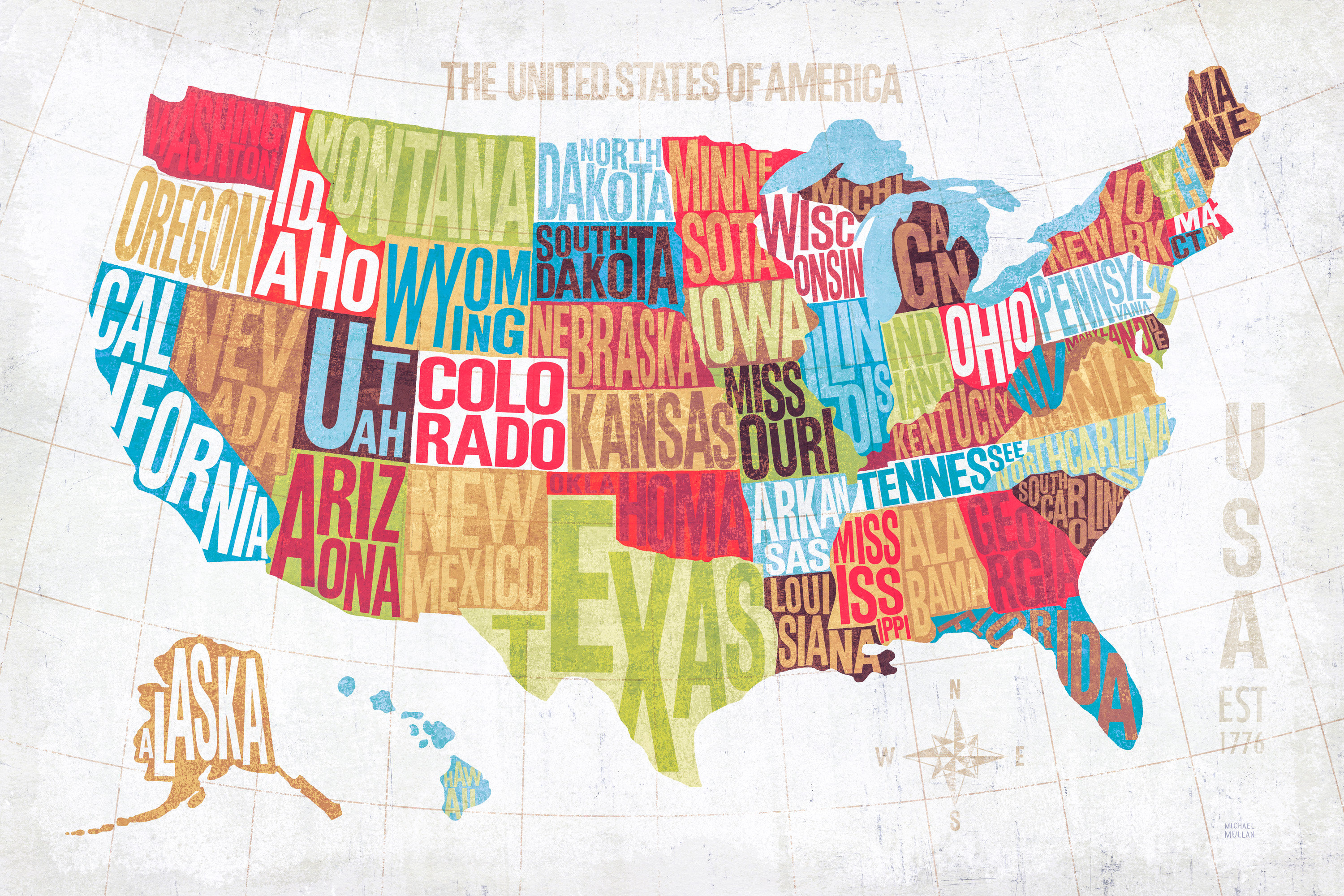 Canora Grey map U.S. Map Graphic States In Text, Red, Blue, Green, Tan ...