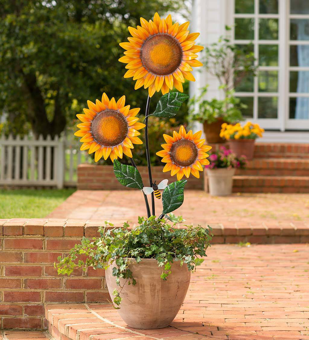 Wind & Weather Handcrafted Metal Three Sunflower Garden Stake with ...