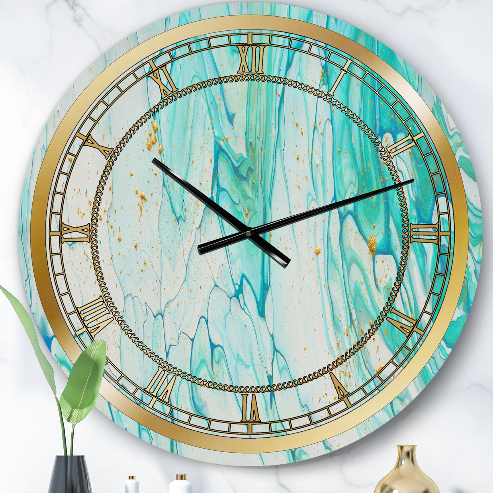 East Urban Home Blue Pastel White and Gold Marble - Glam wall clock ...