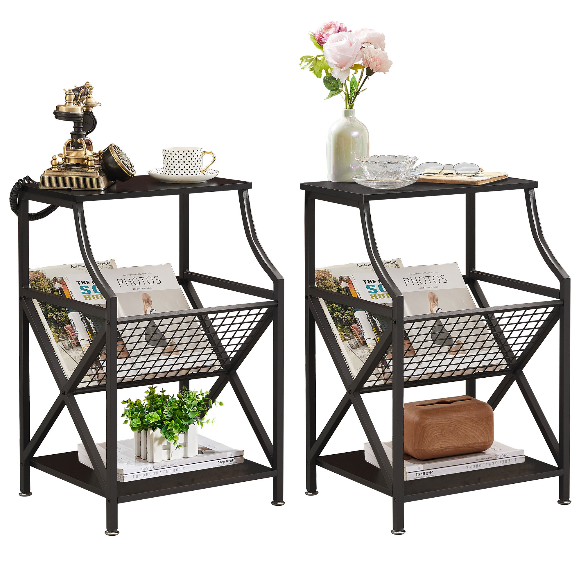 17 Stories Narrow Sofa End Side Table Set with Magazine rack Nightstand ...