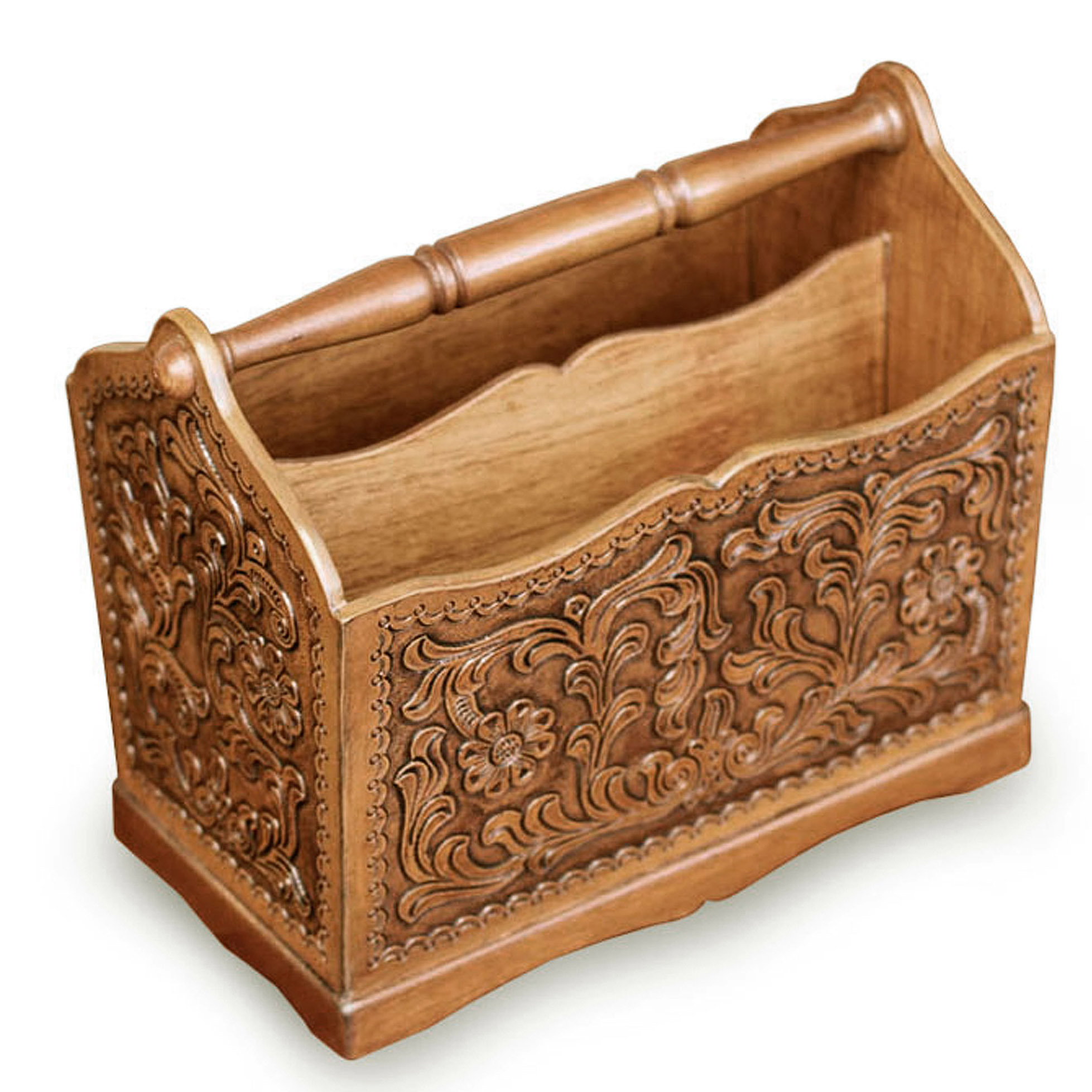 World Menagerie Geraint Flower Tornillo Wood and Leather Magazine Rack ...