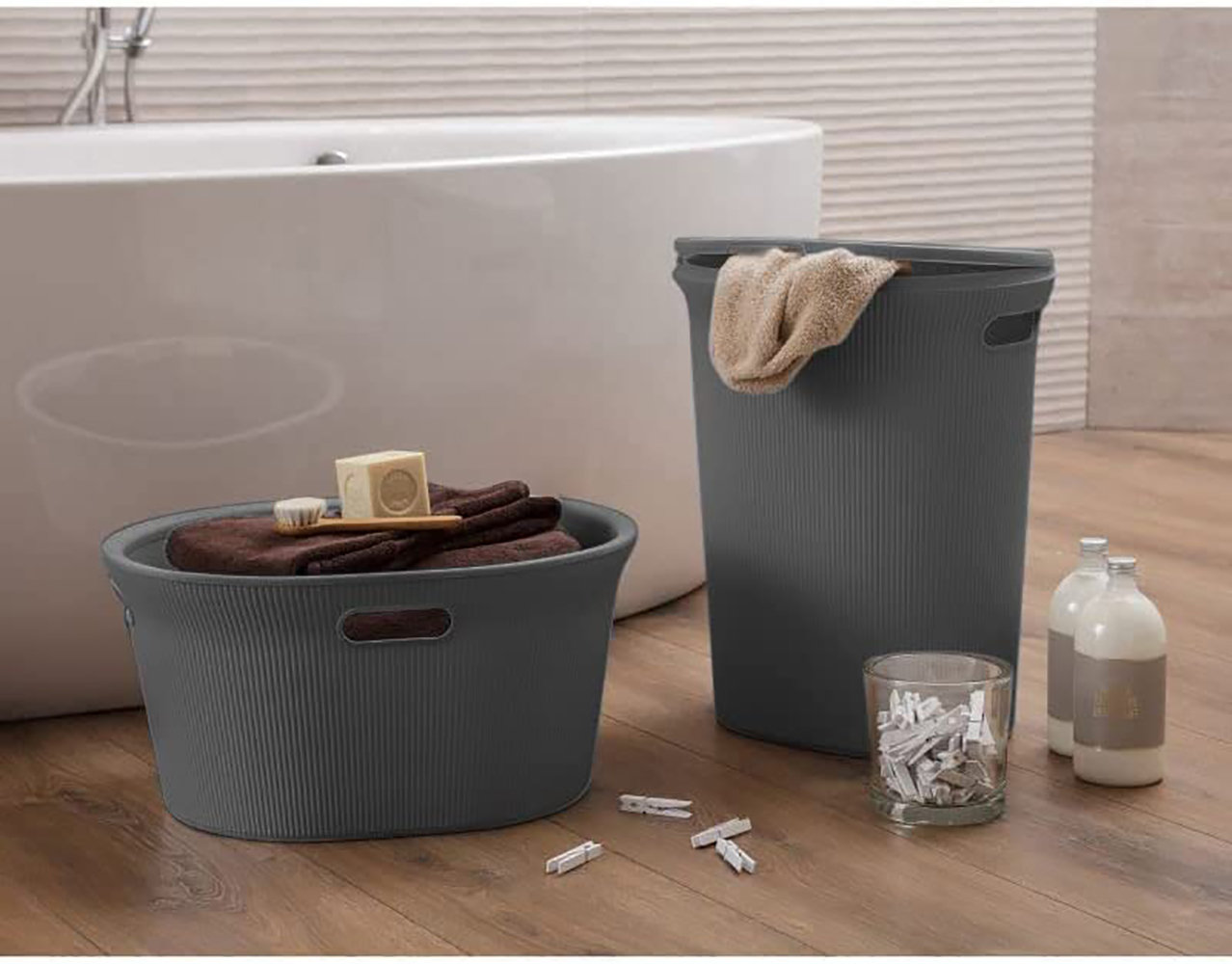Rebrilliant 2 Piece Decorative Ribbed Laundry Hamper Set | Wayfair