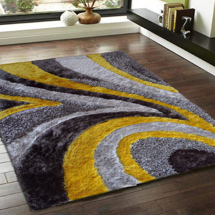 Orren Ellis Karlena Shag Performance Gray/Black/Yellow Rug | Wayfair