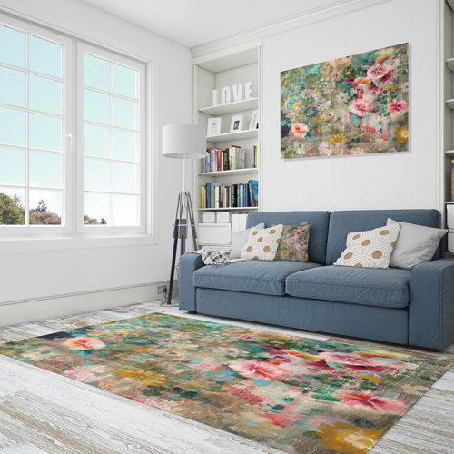 East Urban Home Power Loom Performance Pink/Green/Blue Rug | Wayfair