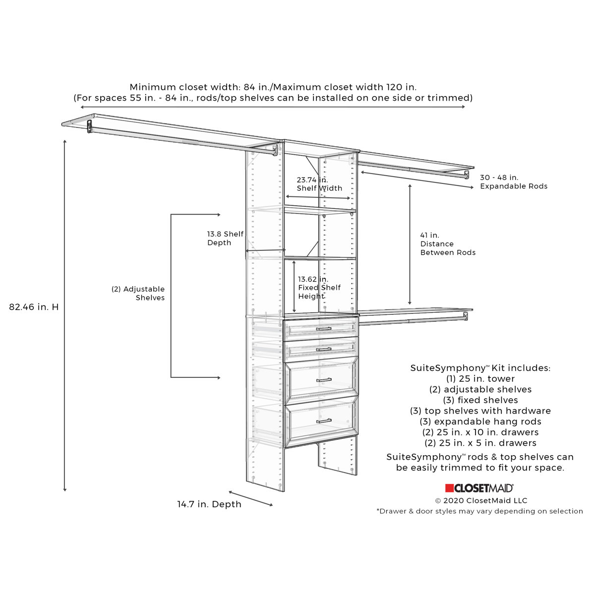 ClosetMaid SuiteSymphony 84" W - 120" W Closet System with Drawers ...