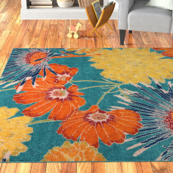Andover Mills™ Amick Floral Area Rug in Turquoise/Yellow/Orange ...