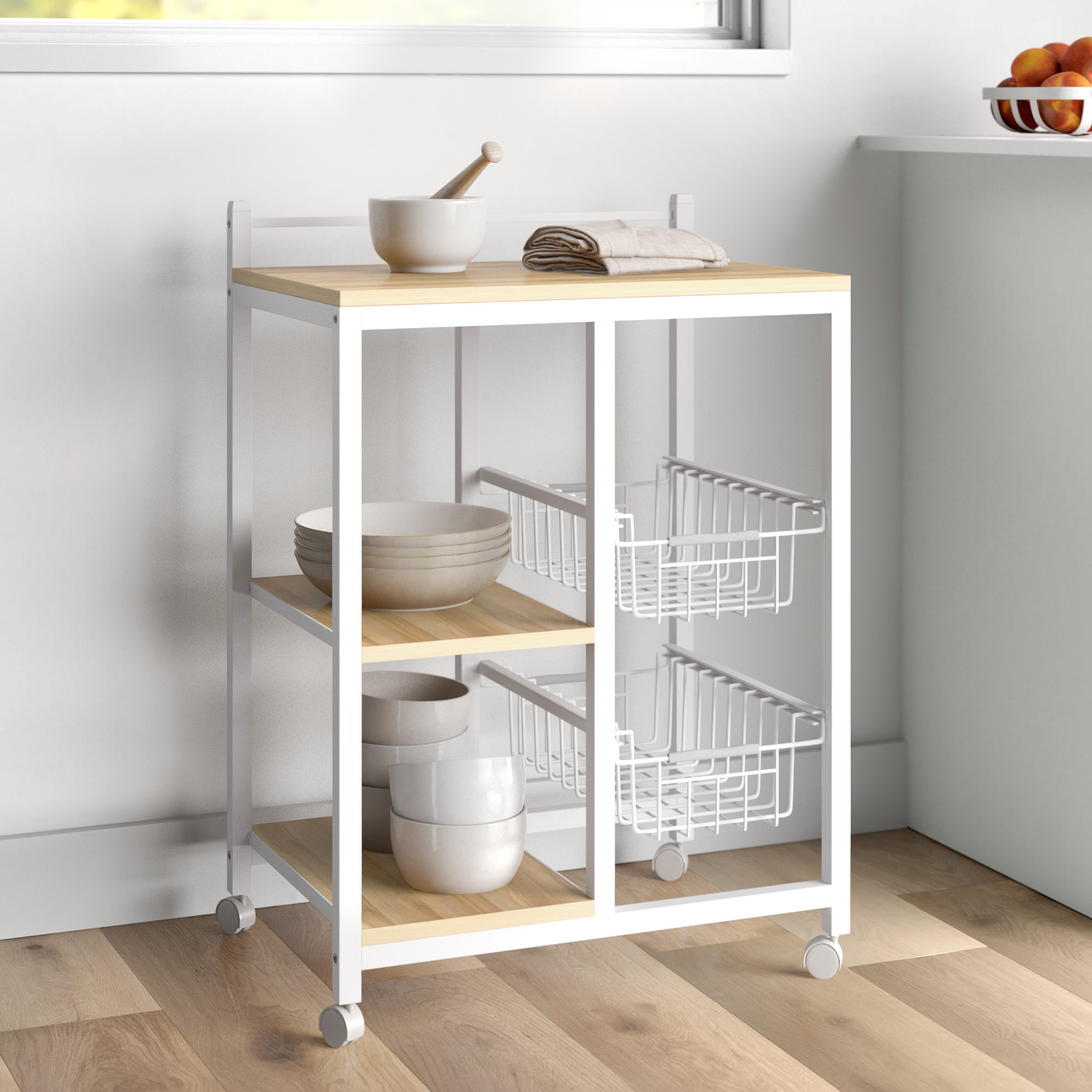 Ebern Designs Elly 23.75'' Wide Rolling Kitchen Cart with Solid Wood ...