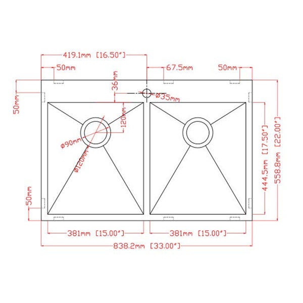AKDY 22'' W Double Bowl Stainless Steel Drop-In Kitchen Sink with 1 ...