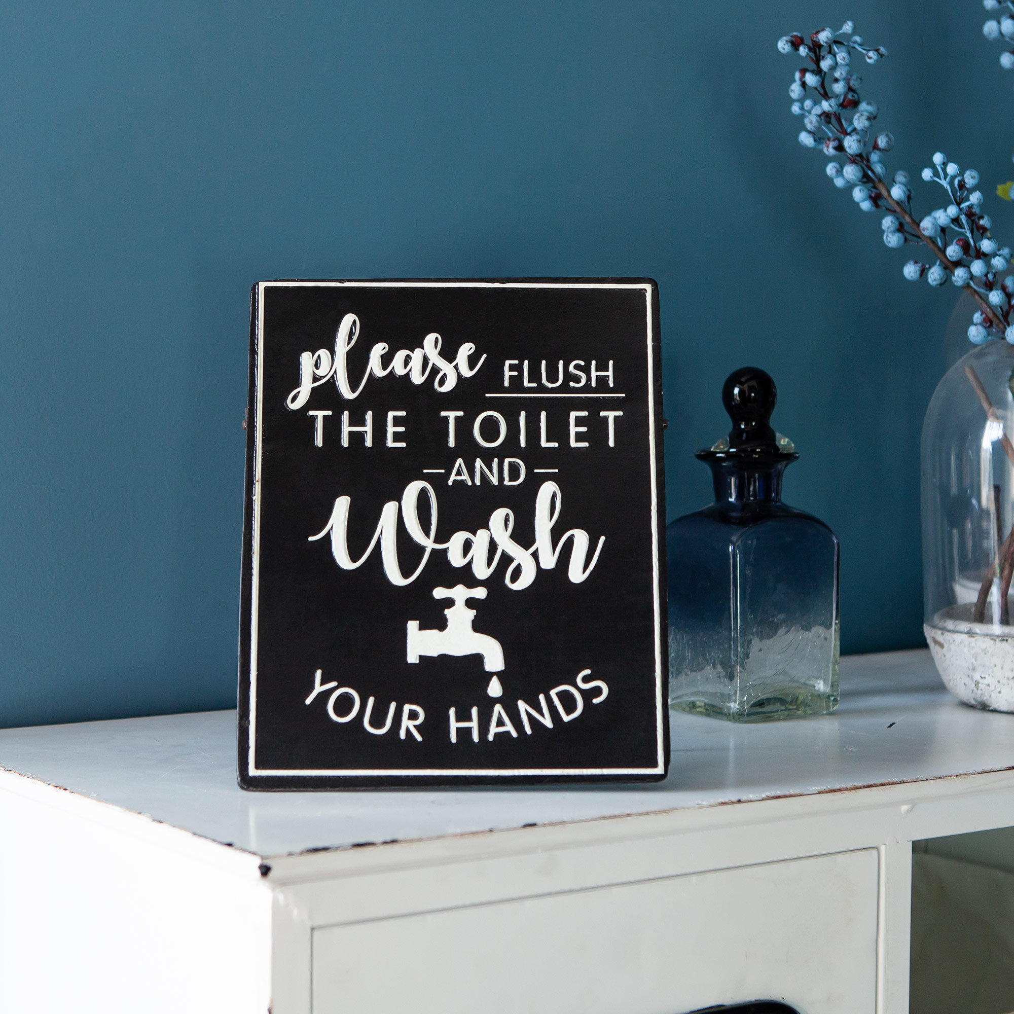 Mike & Melissa Tabletop Metal Embossed Flush Toilet and Wash Hands Sign ...