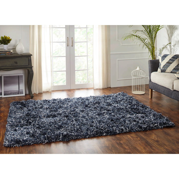 Ebern Designs Alkmaar Handmade Shag Performance Indigo Blue Rug ...