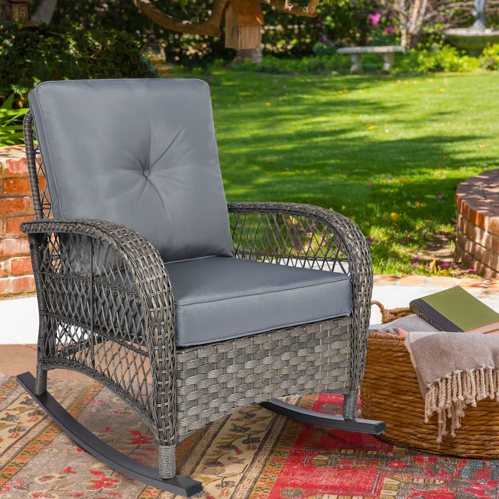 Bayou Breeze Outdoor Matrix Rocking Wicker/Rattan Chair with Cushions ...