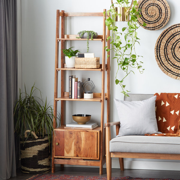 Loon Peak® Tall Natural Brown Wooden Leaning Ladder Shelf W/ 4 Wooden ...