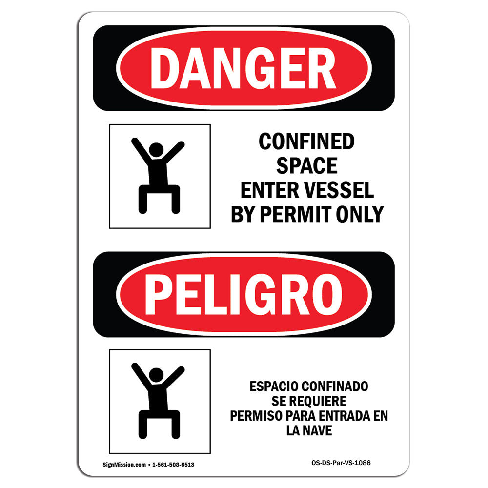 SignMission Confined Space Enter Vessel Permit Bilingual Danger Sign ...