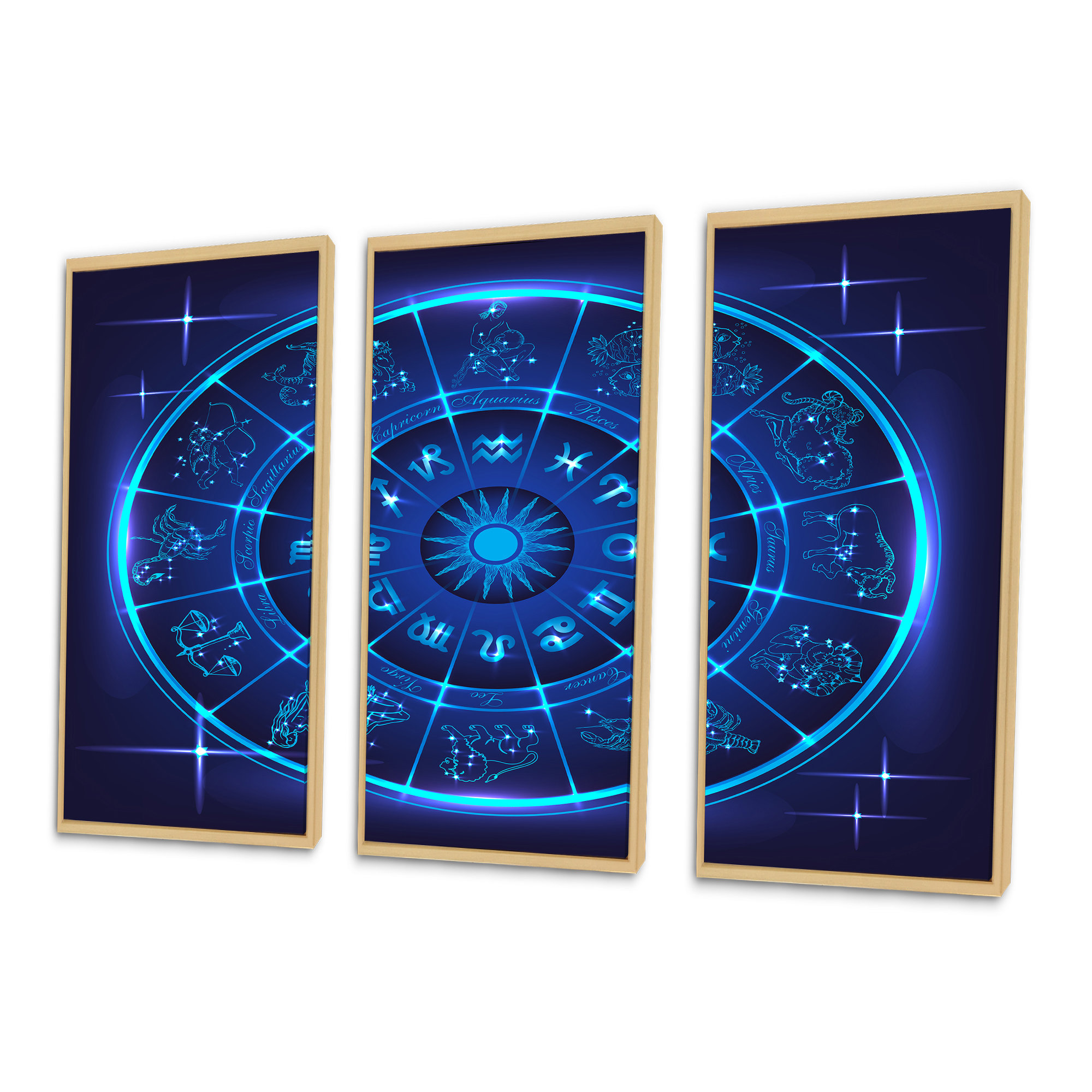 DesignArt Neon Deep Blue Horoscope Circle With Zodiac Signs - 3 Piece ...