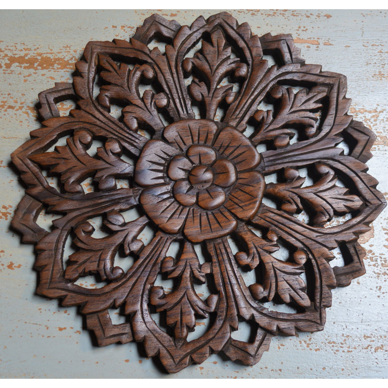 Home and Garden Direct Round Hand Carved Teak Wood Panel Wall Décor ...