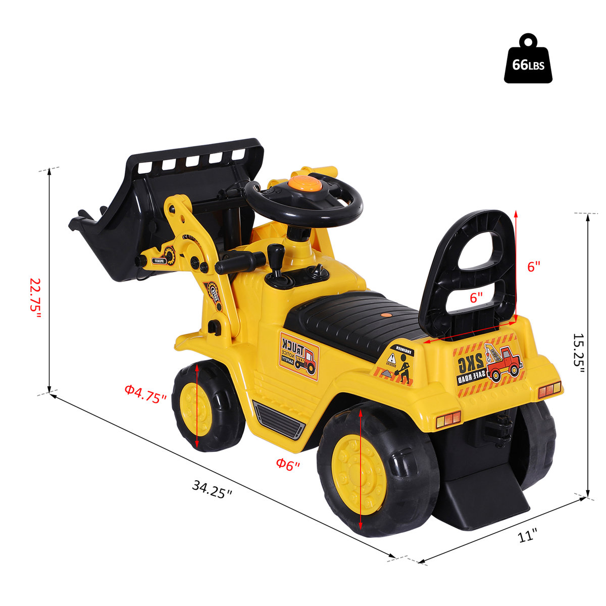 HomCom 3 In 1 Ride On Bulldozer Toy Pulling Cart Pretend Play ...