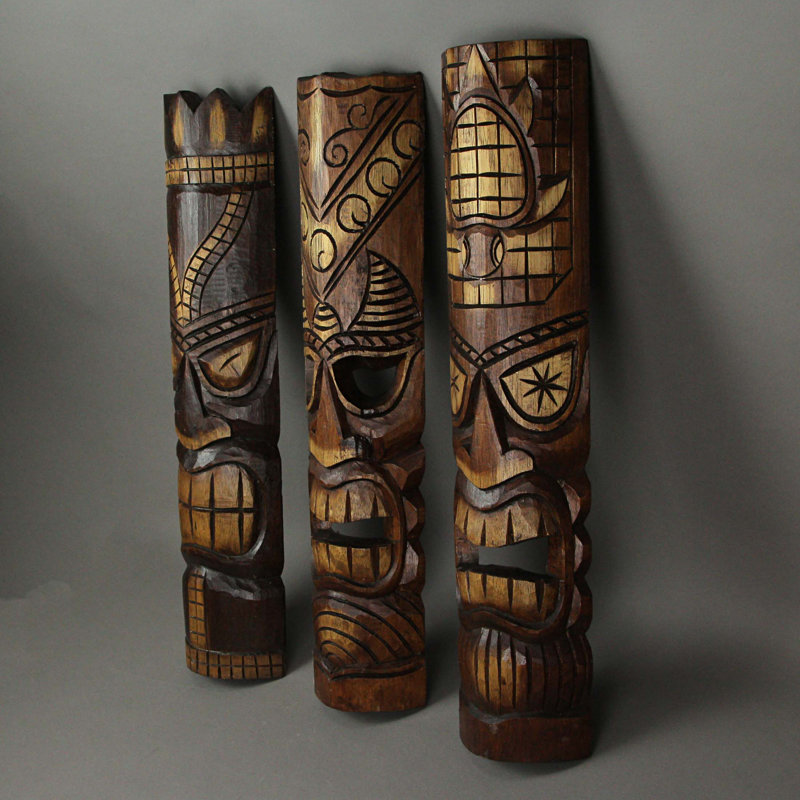 Bayou Breeze 3 Piece Carved Wood Tiki God Masks Wall Décor Set | Wayfair