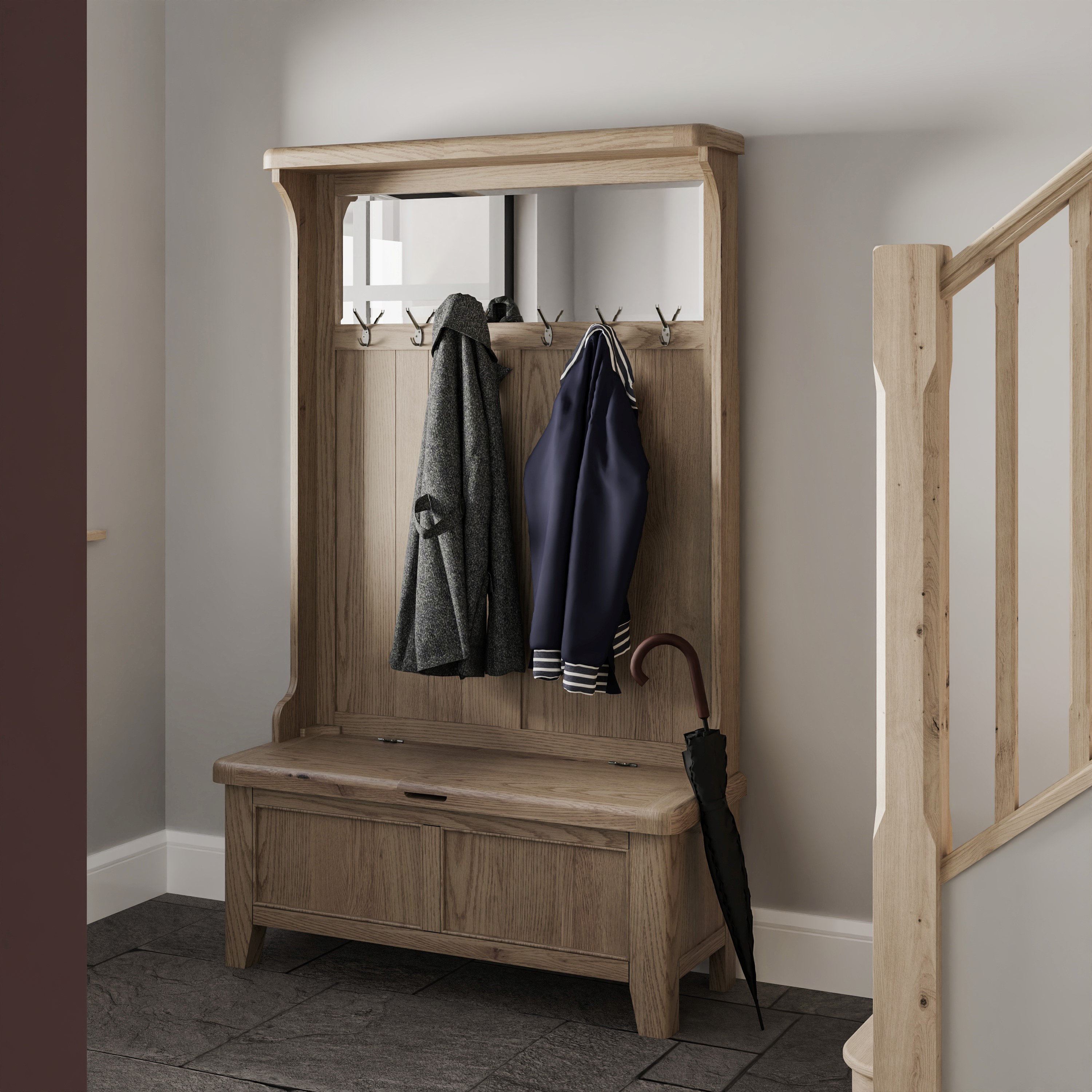 August Grove Foran Oak Solid Wood Hall Tree with Bench and Shoe Storage ...