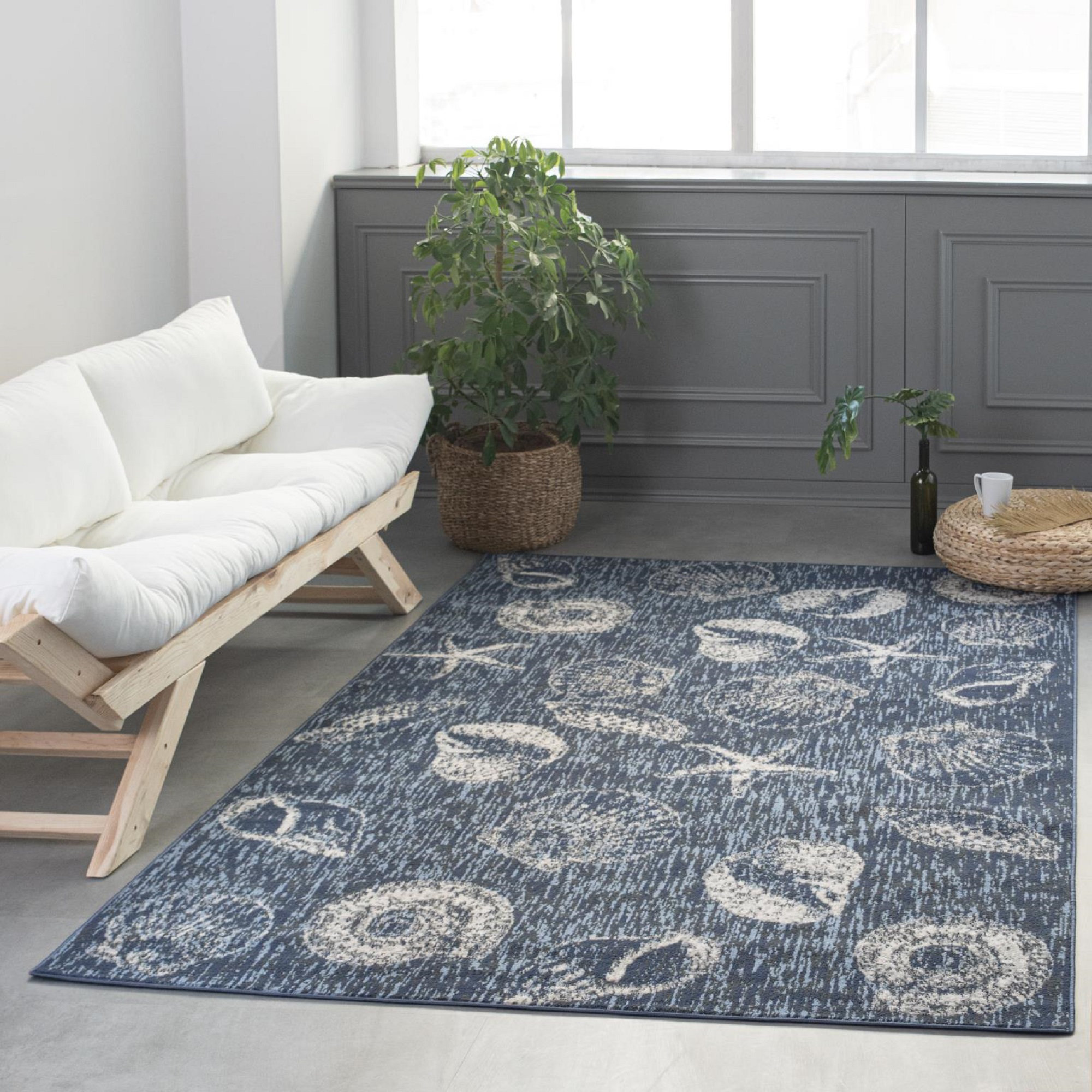 Dovecove Lela Collection Blue, Grey, And Ivory Seashell Polyester Rug ...