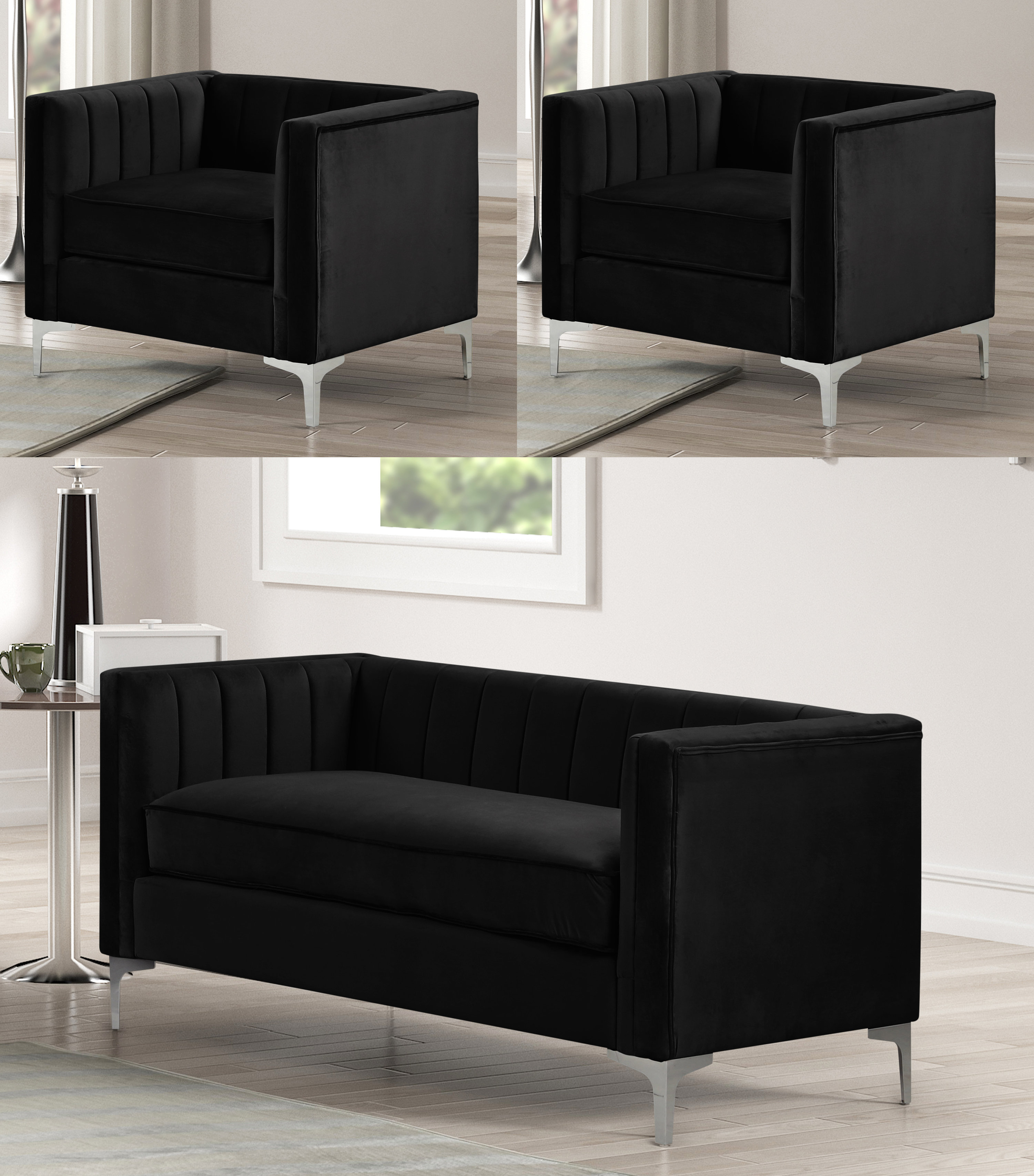 Everly Quinn Louis 3 Piece Velvet Foam Living Room Set | Wayfair