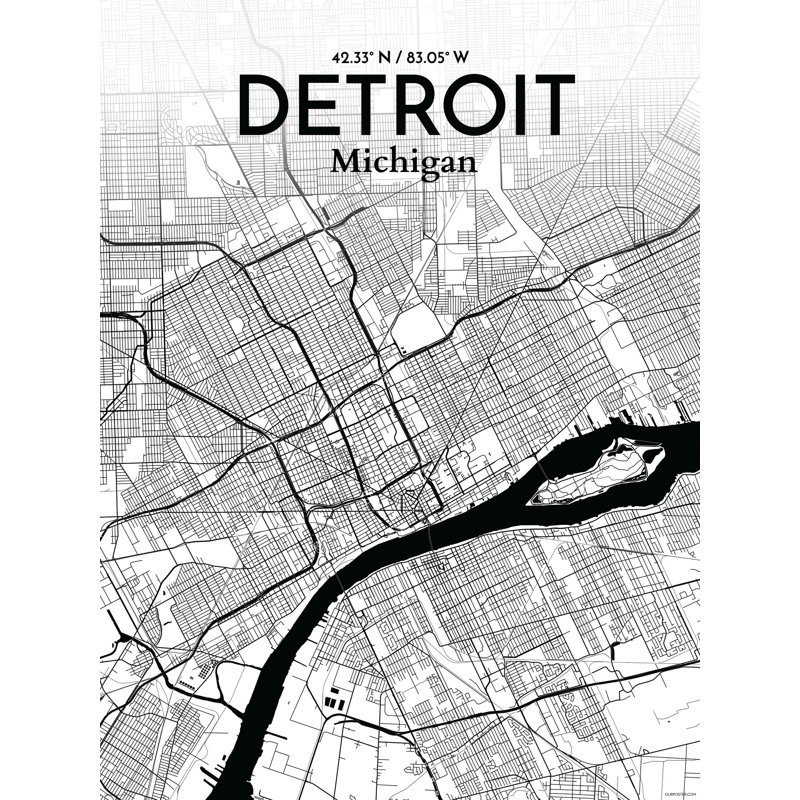 OurPoster.com 'Detroit City Map' Graphic Art Print Poster in Ink | Wayfair