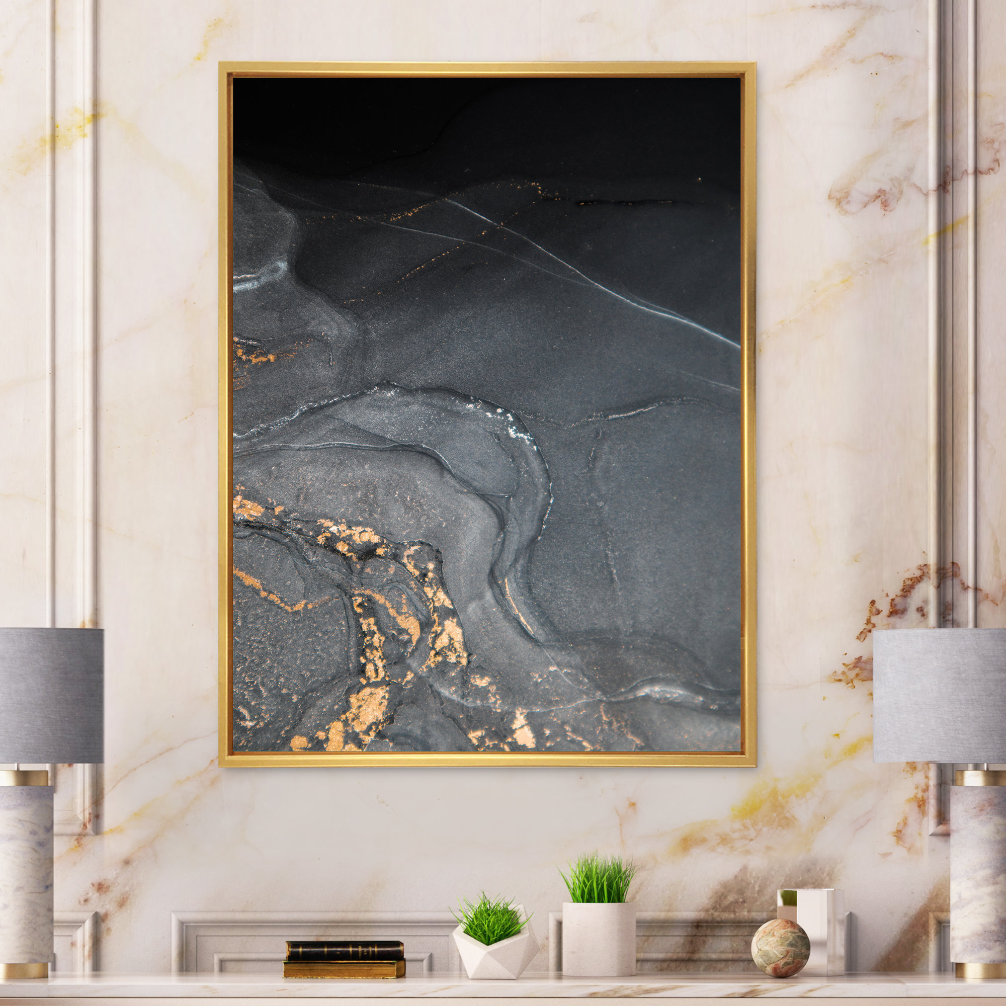 Mercer41 Gloden Black And Grey Marble Art Ripples III Gloden Black And ...