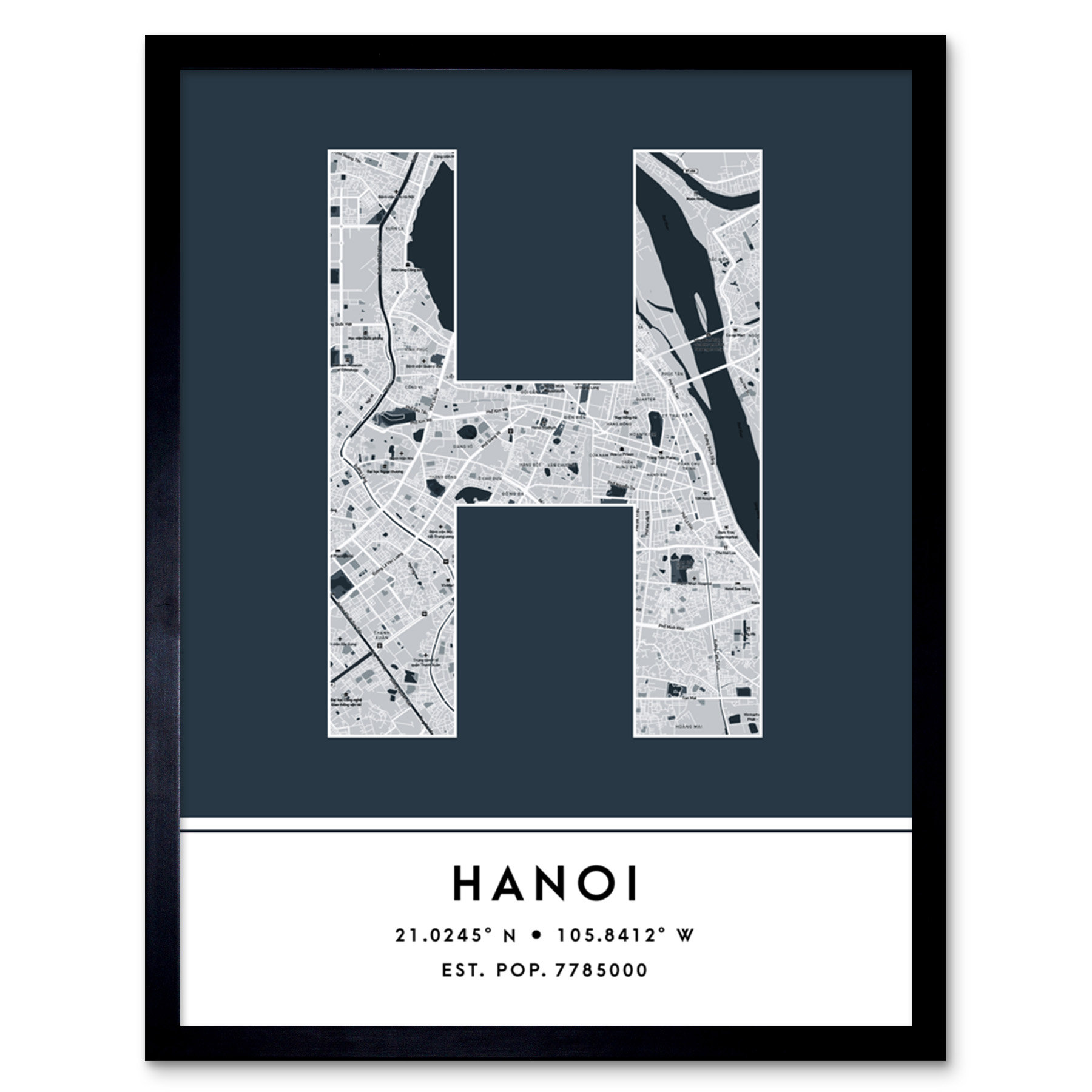 Wee Blue Coo Hanoi City Map Hanoi Navy by Wee Blue Coo - Picture Frame ...