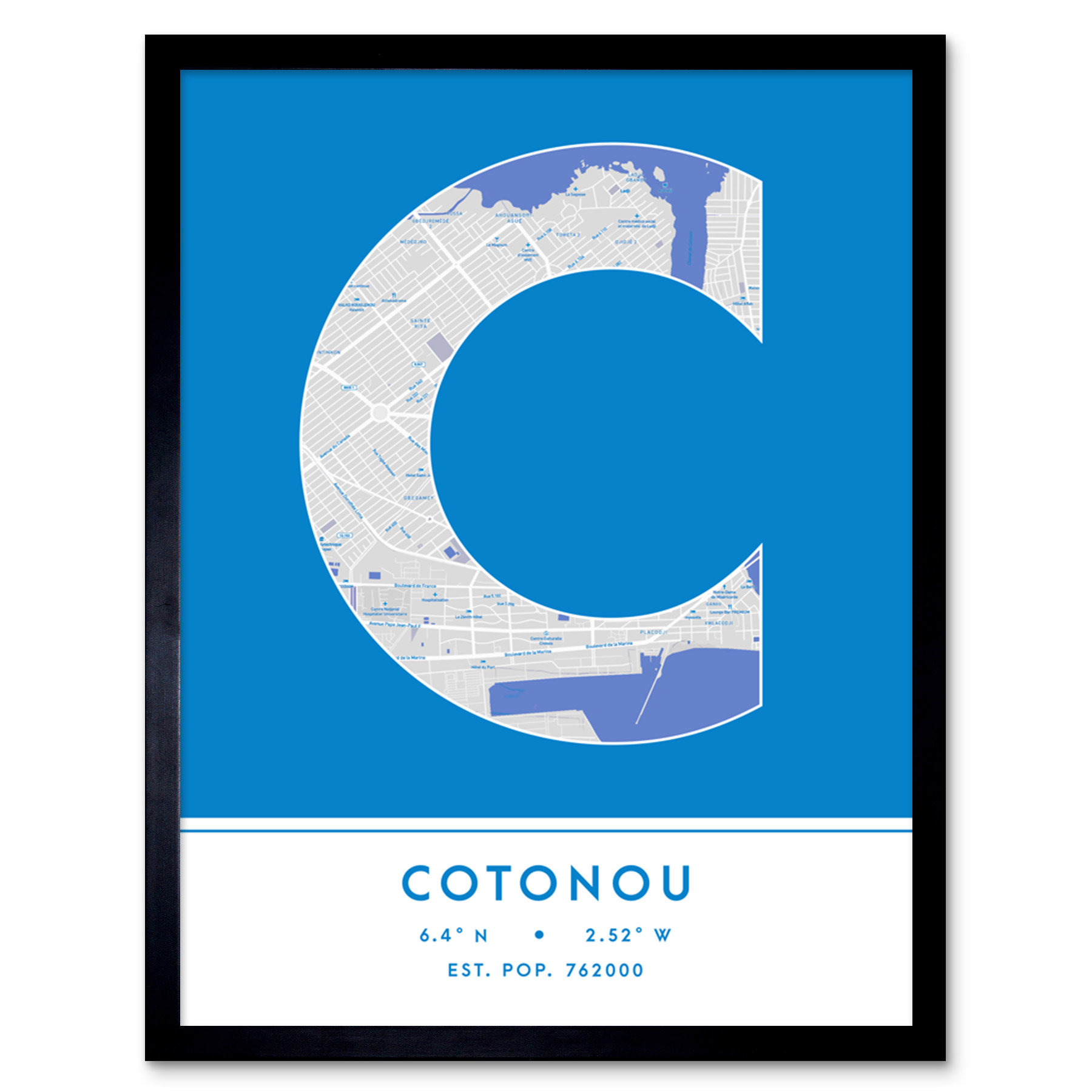 Wee Blue Coo Cotonou City Map Cotonou Benin City Map - Picture Frame ...