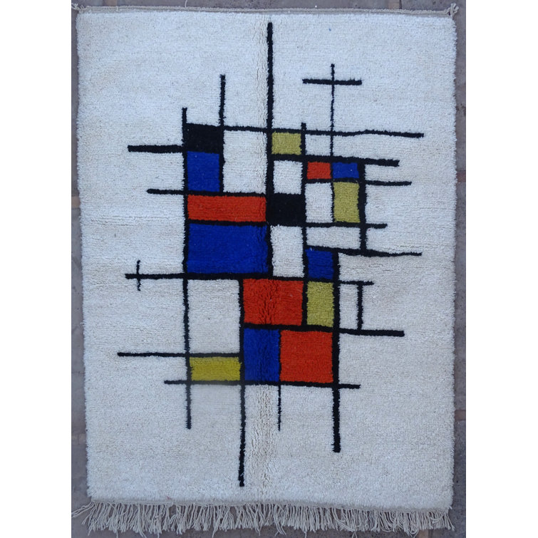 Ebern Designs Ilit Authentic Hand-Knotted Wool Grey/Red/Blue/Yellow Rug ...