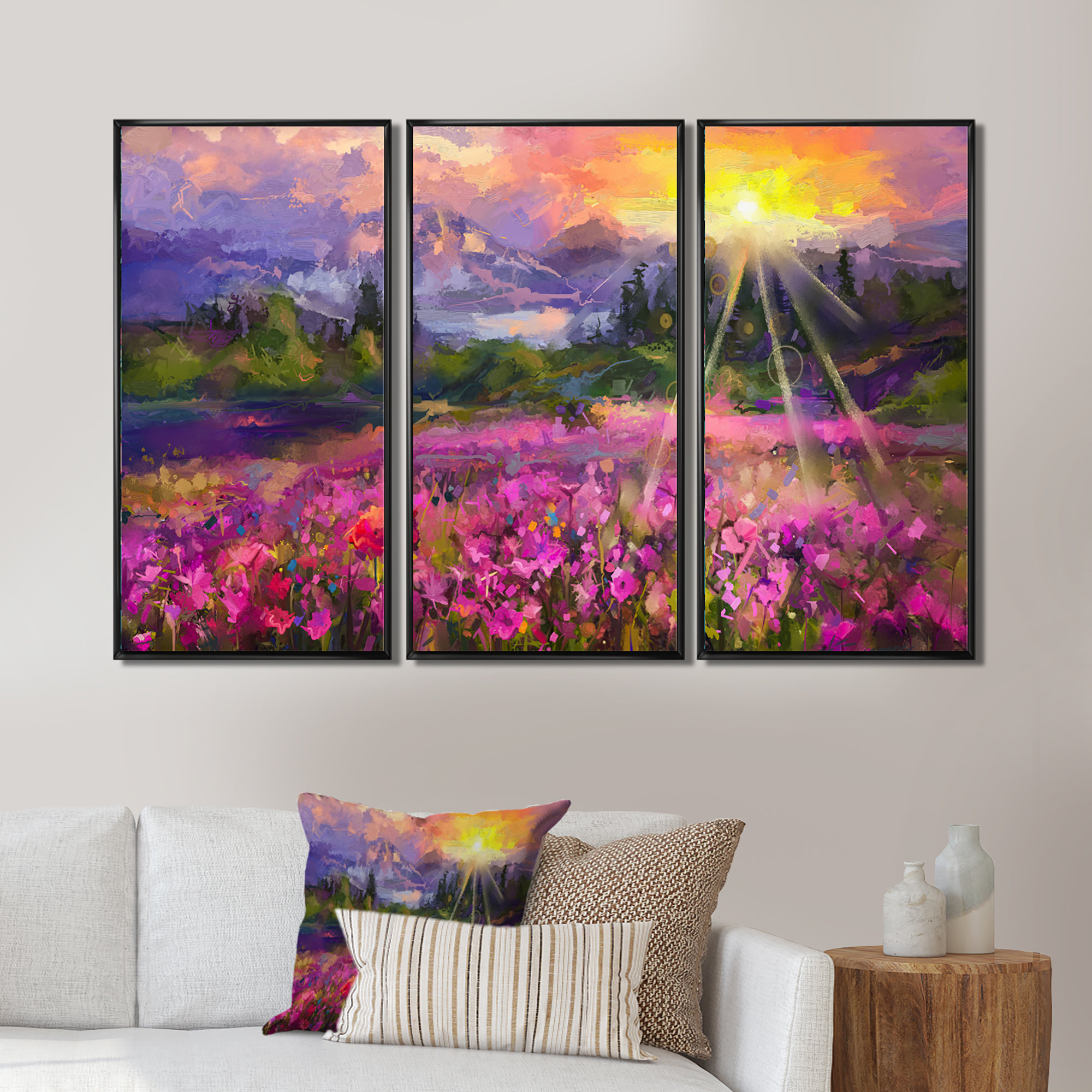 Millwood Pines Purple Cosmos Flowers With Bright Sun Over Mountainscape ...