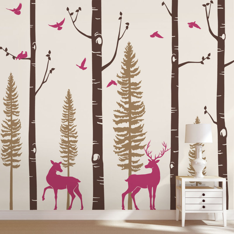 SimpleShapes Birch Tree with Birds and Deer Wall Decal & Reviews | Wayfair
