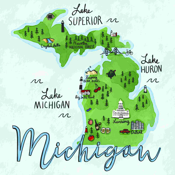 Zoomie Kids Michigan Map Illustration - Wrapped Canvas Photograph | Wayfair