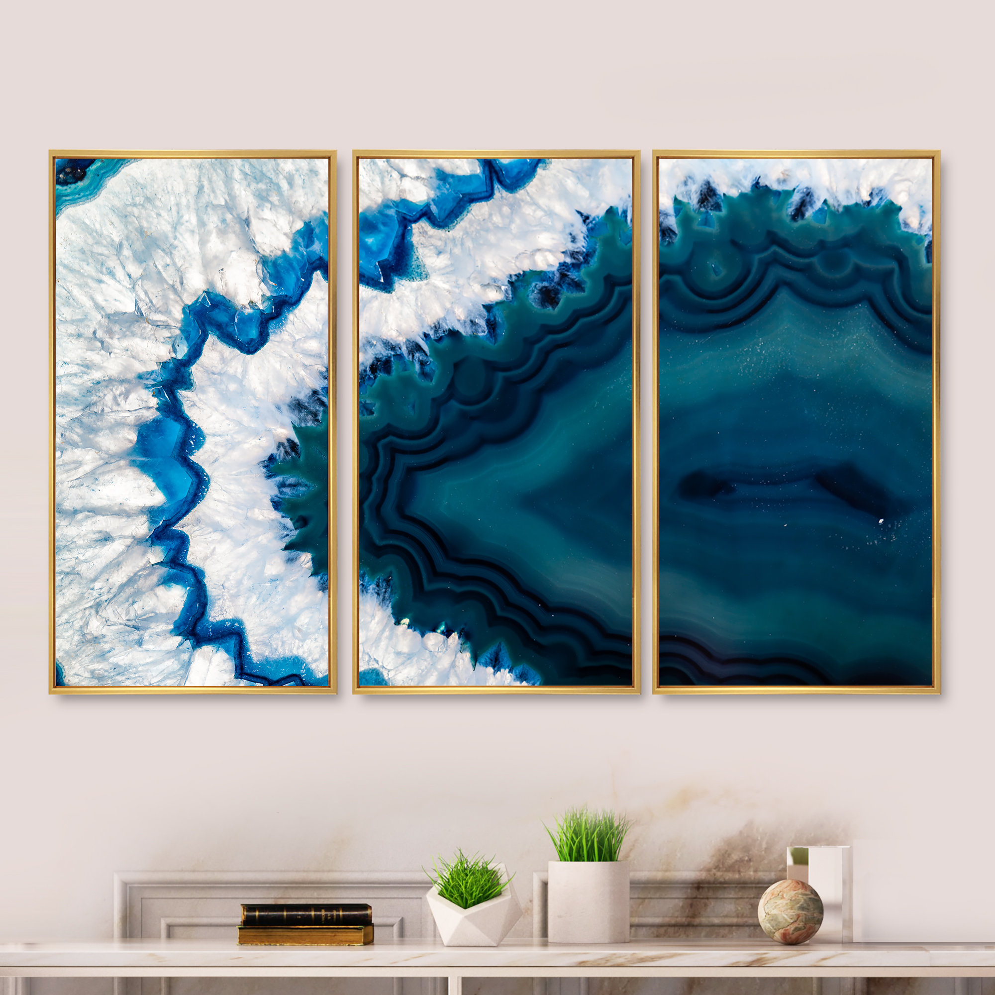 Wrought Studio Blue Brazilian Geode Blue Brazilian Geode - 3 Piece Floater Frame Print on Canvas ...
