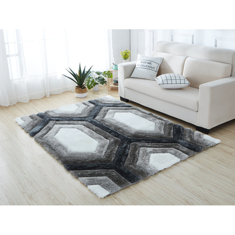 George Oliver Gretchen Geometric Shag White/Gray/Black Area Rug | Wayfair
