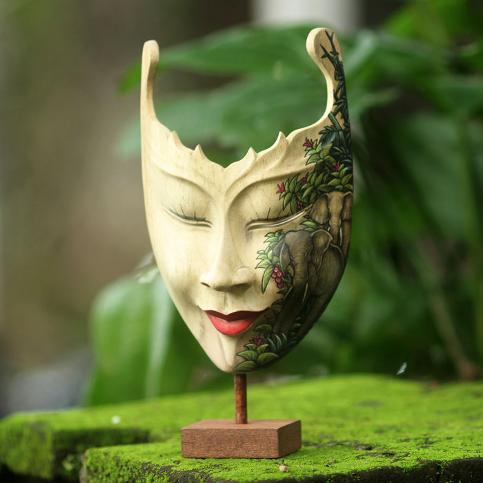 World Menagerie Rearden Hand Painted Modern Balinese Mask and Stand ...