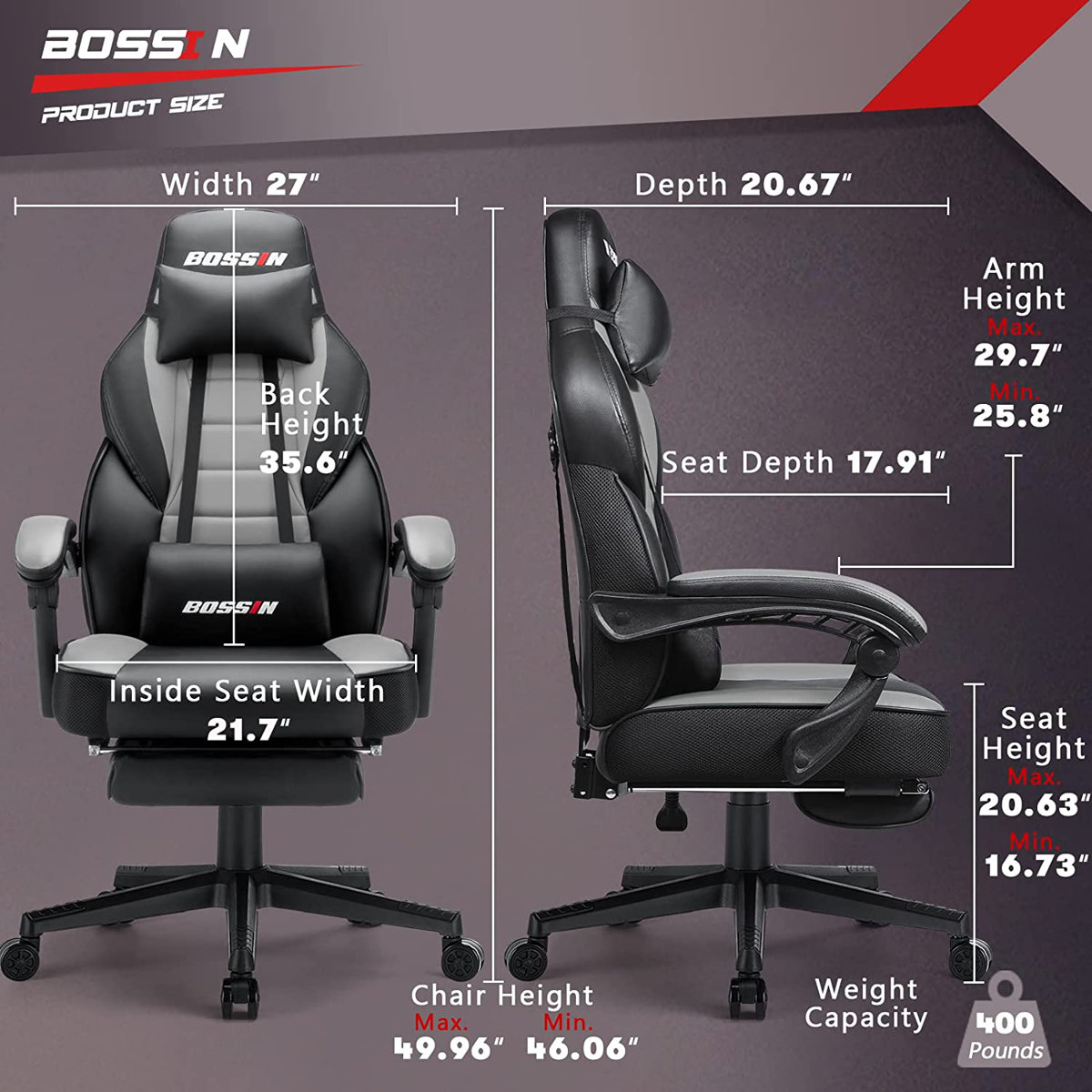 BOSSIN Racing Style Gaming Chair, 400lbs Leather Computer Desk Chair ...