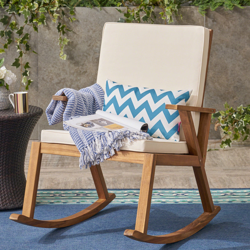 George Oliver Outdoor Bankston Rocking Solid Wood Chair with Cushions ...