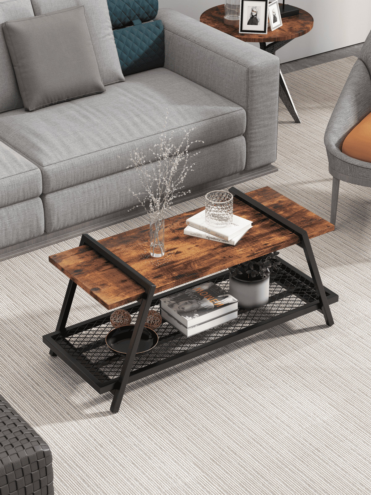17 Stories Brown Modern Double-Decker Coffee Table With Shelves | Wayfair