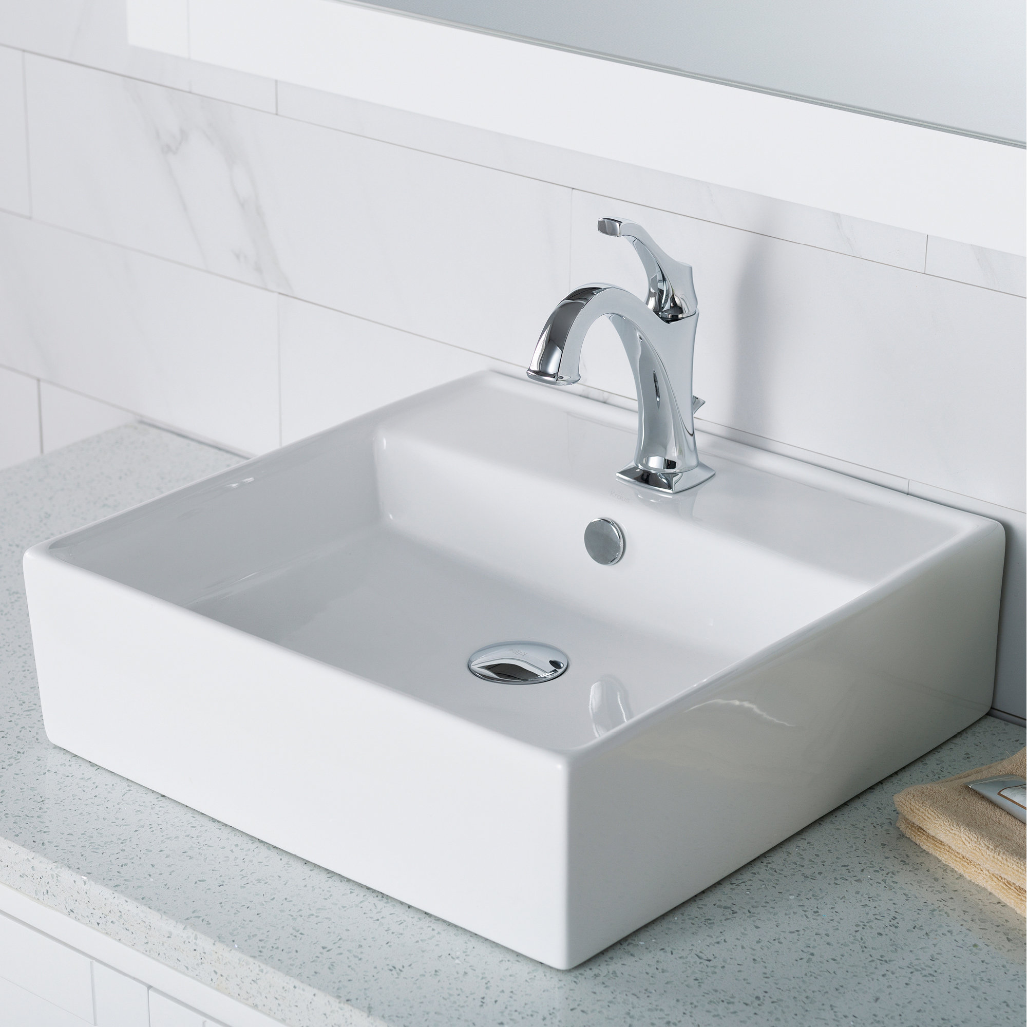Kraus Elavo Ceramic Square Vessel Bathroom Sink with Faucet and ...