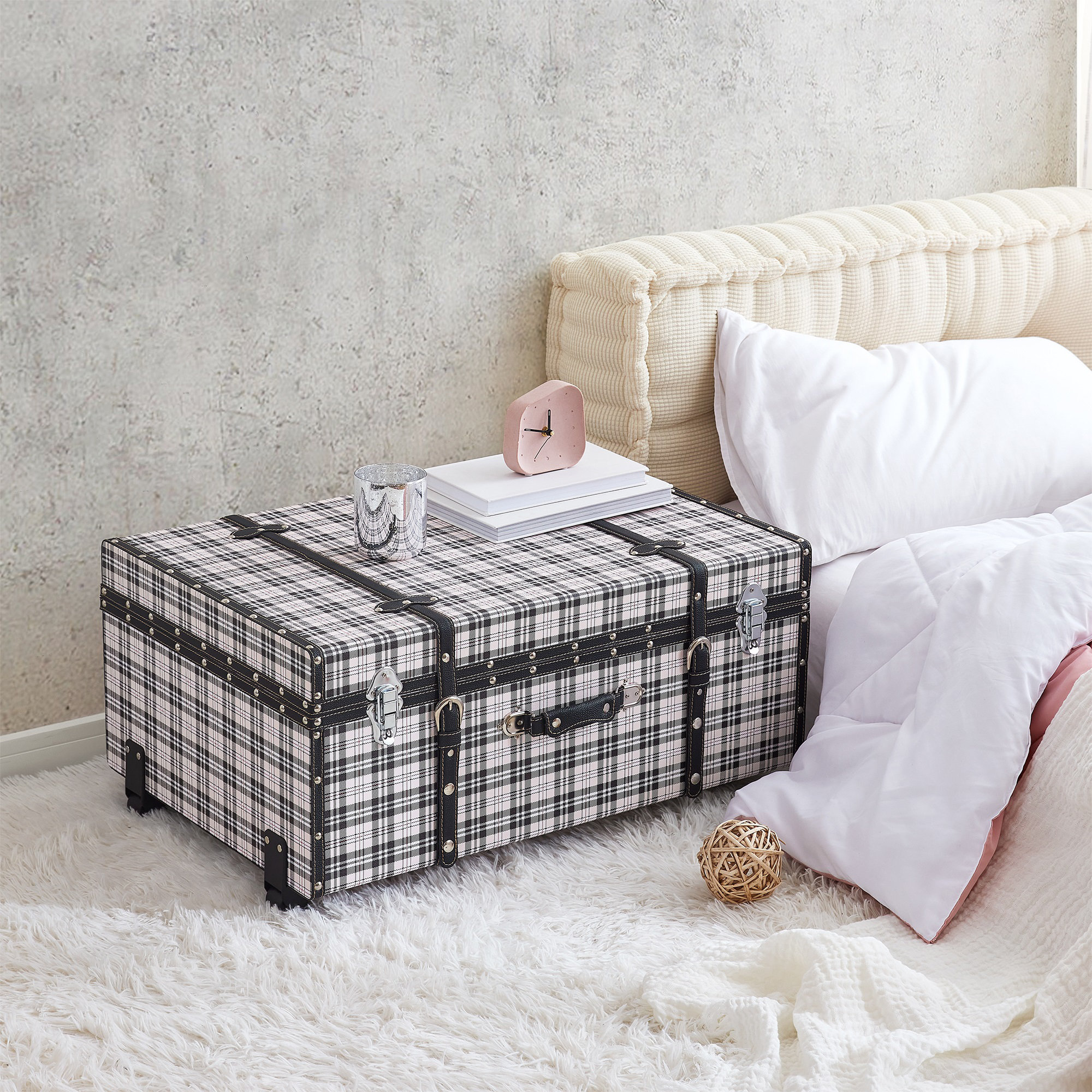 DormCo Texture Brand Trunk - Black And Cream Plaid | Wayfair