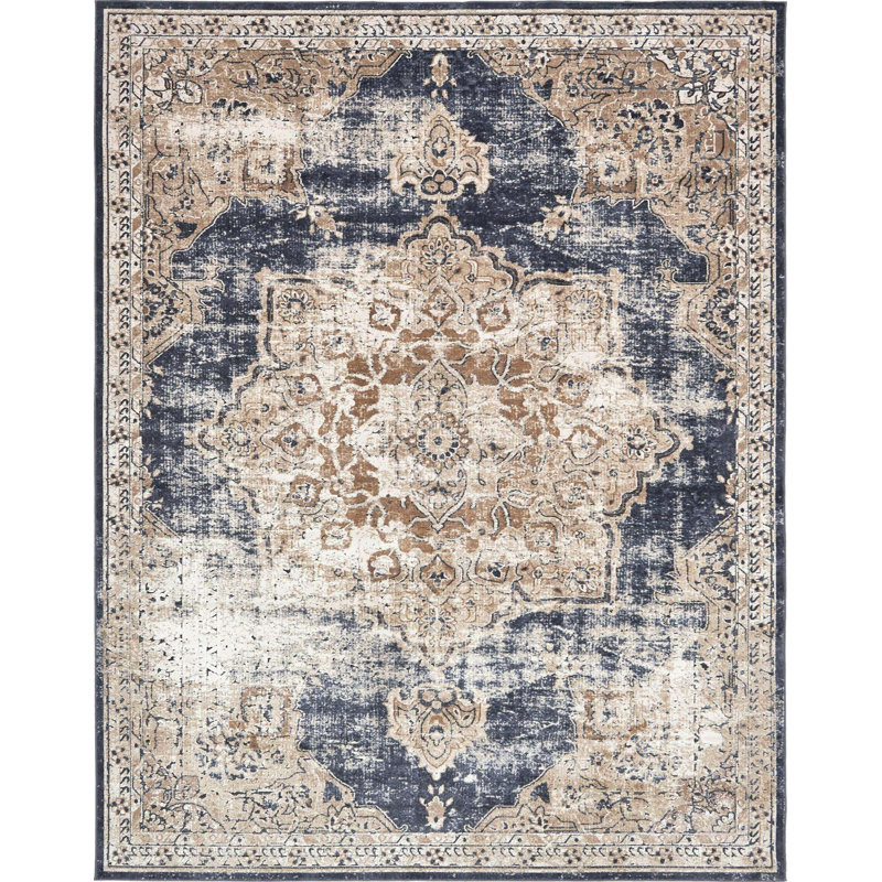 Three Posts™ Landes Oriental Dark Blue/Beige Area Rug & Reviews | Wayfair